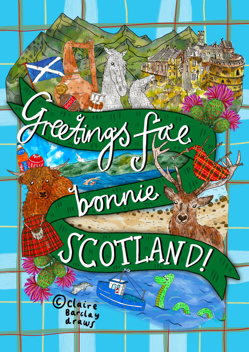 Greetings fae Bonnie Scotland Greetings Card – Claire Barclay Draws